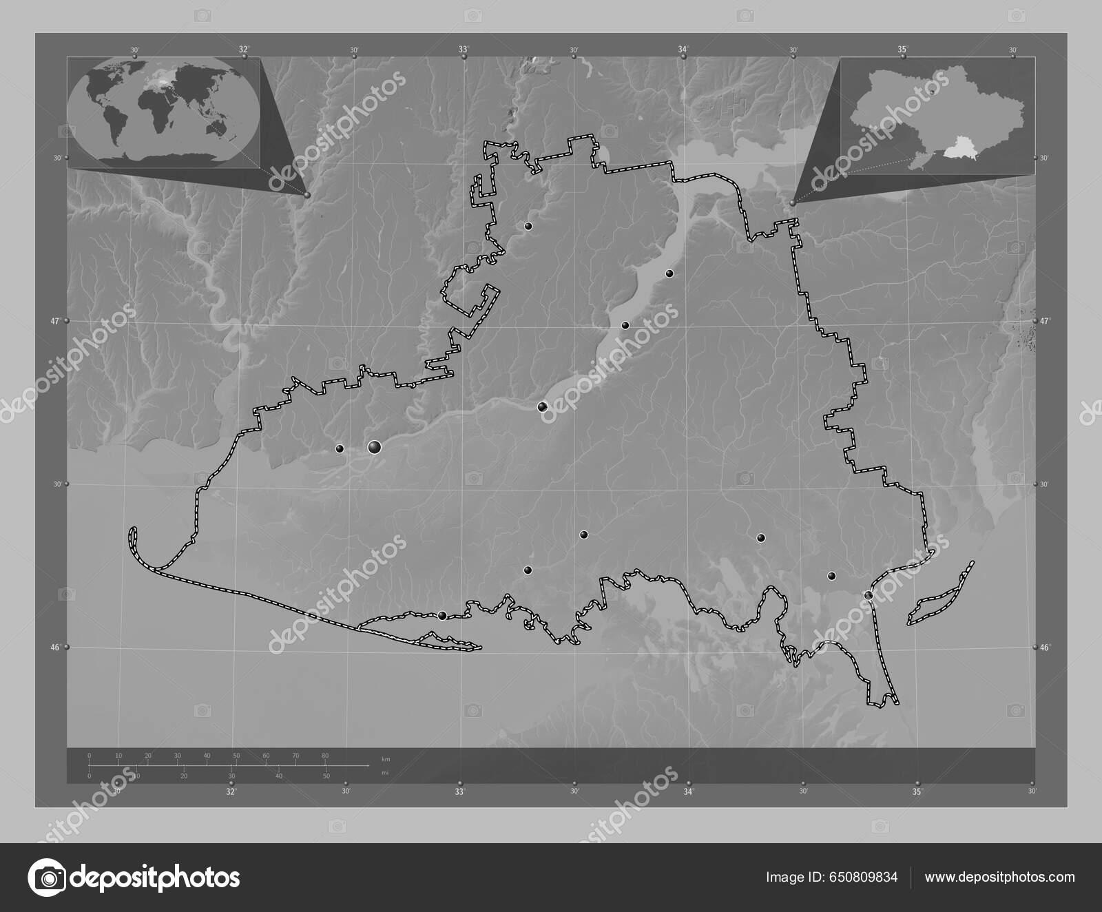 Kherson Region Ukraine Grayscale Elevation Map Lakes Rivers Locations ...