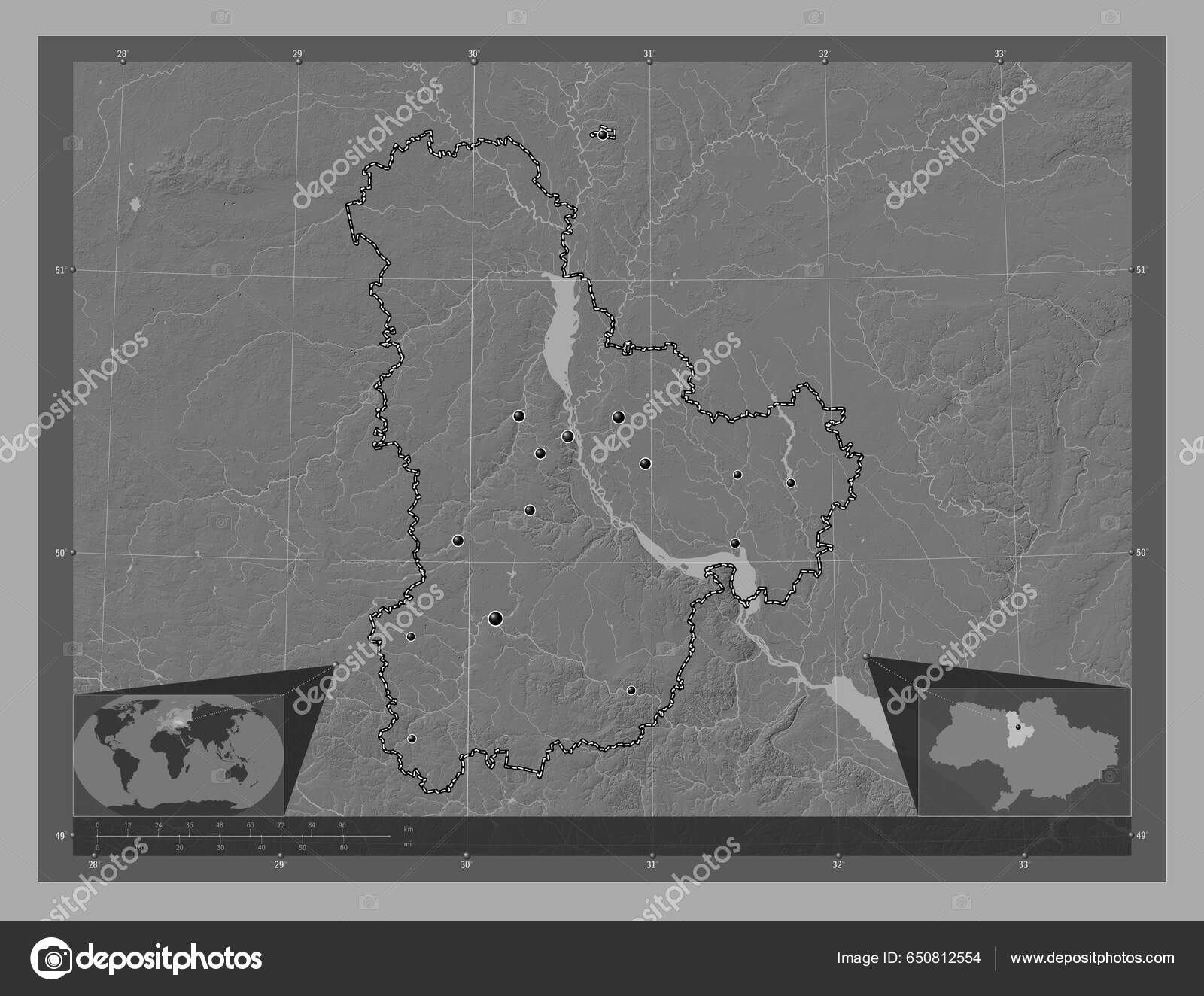 Kiev Region Ukraine Bilevel Elevation Map Lakes Rivers Locations Major ...