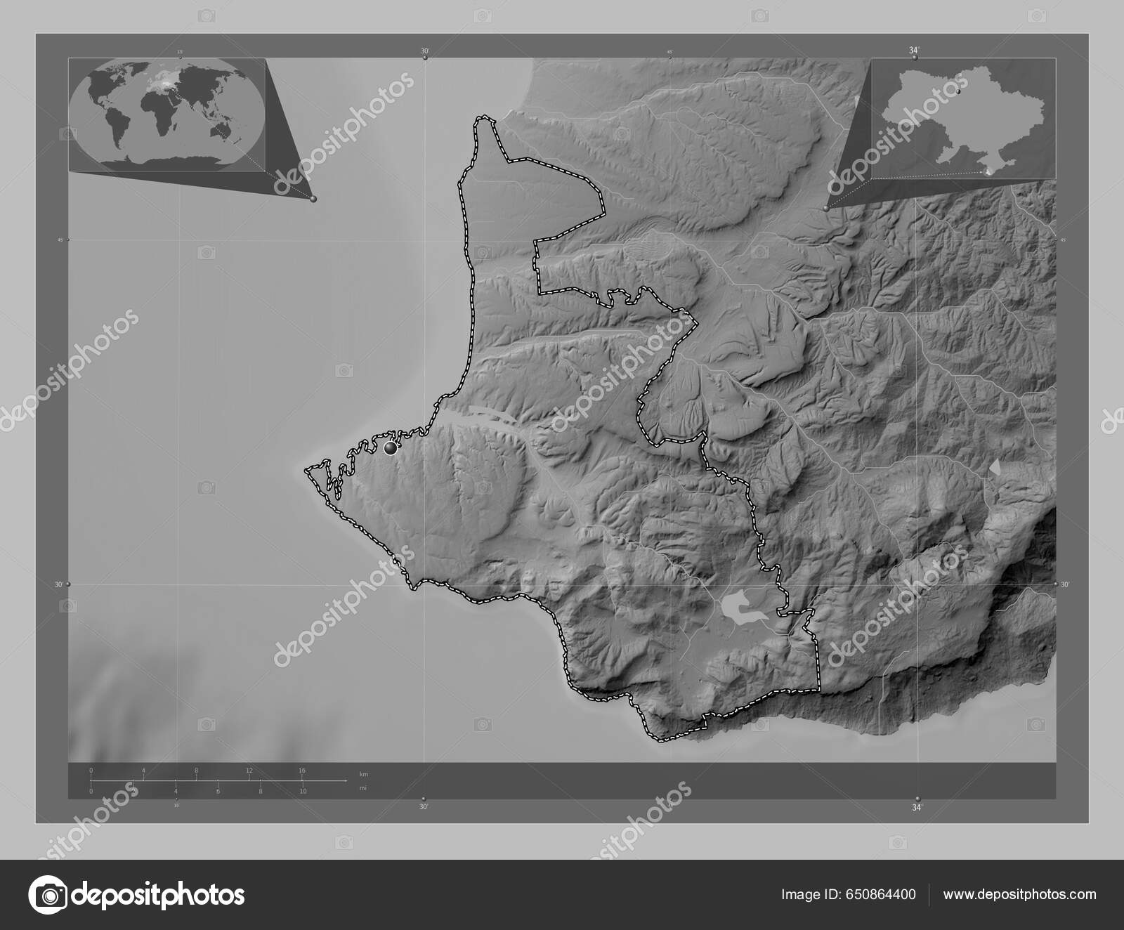 Sevastopol' Autonomous Republic Ukraine Grayscale Elevation Map Lakes ...