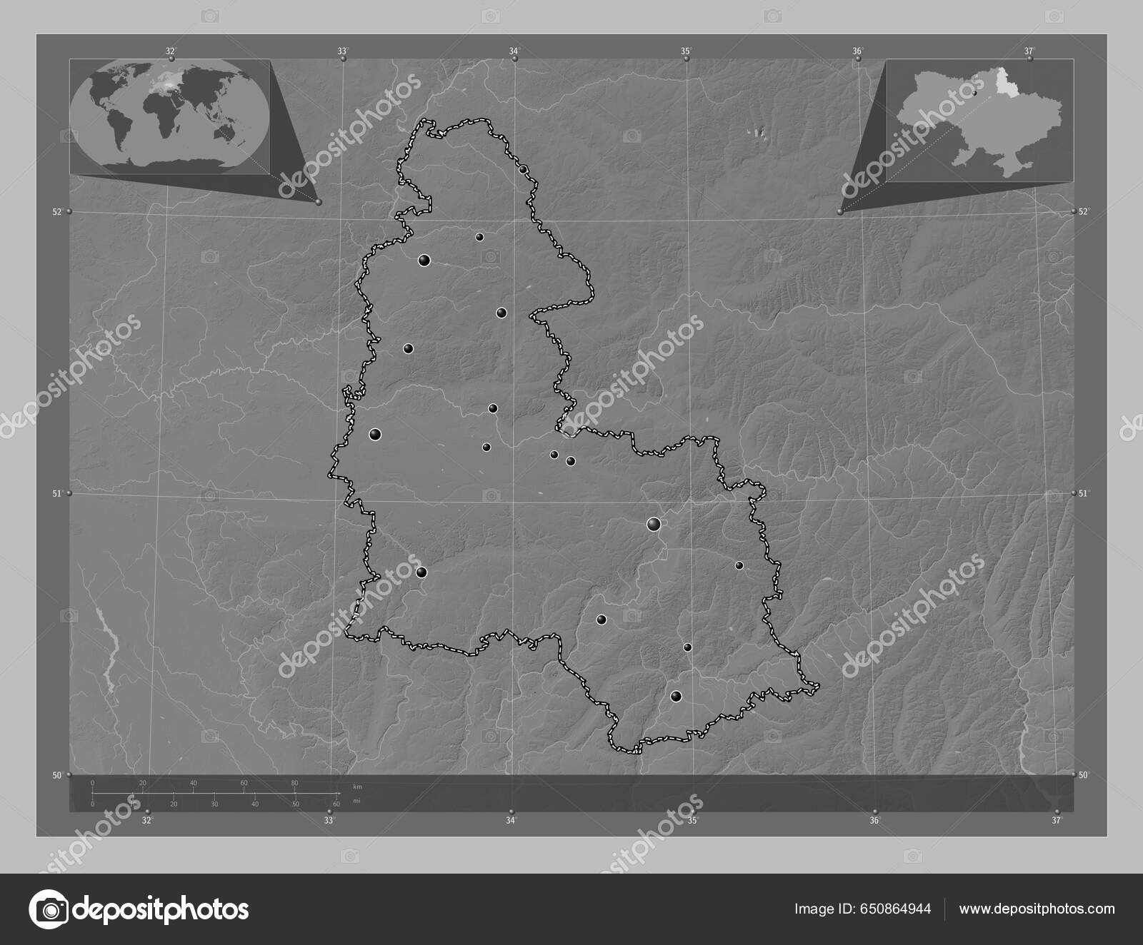 Sumy Region Ukraine Grayscale Elevation Map Lakes Rivers Locations ...