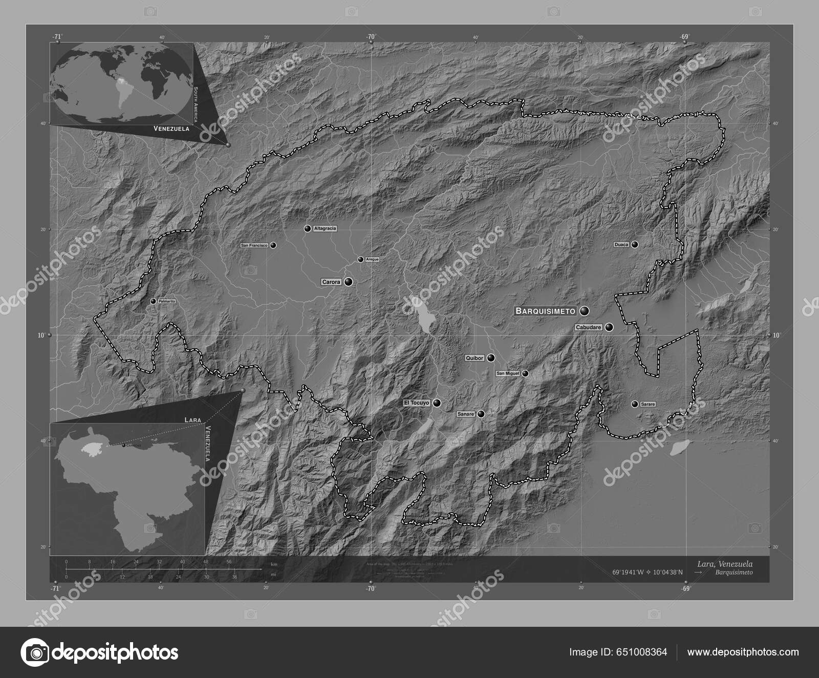 Lara State Venezuela Bilevel Elevation Map Lakes Rivers Locations Names ...