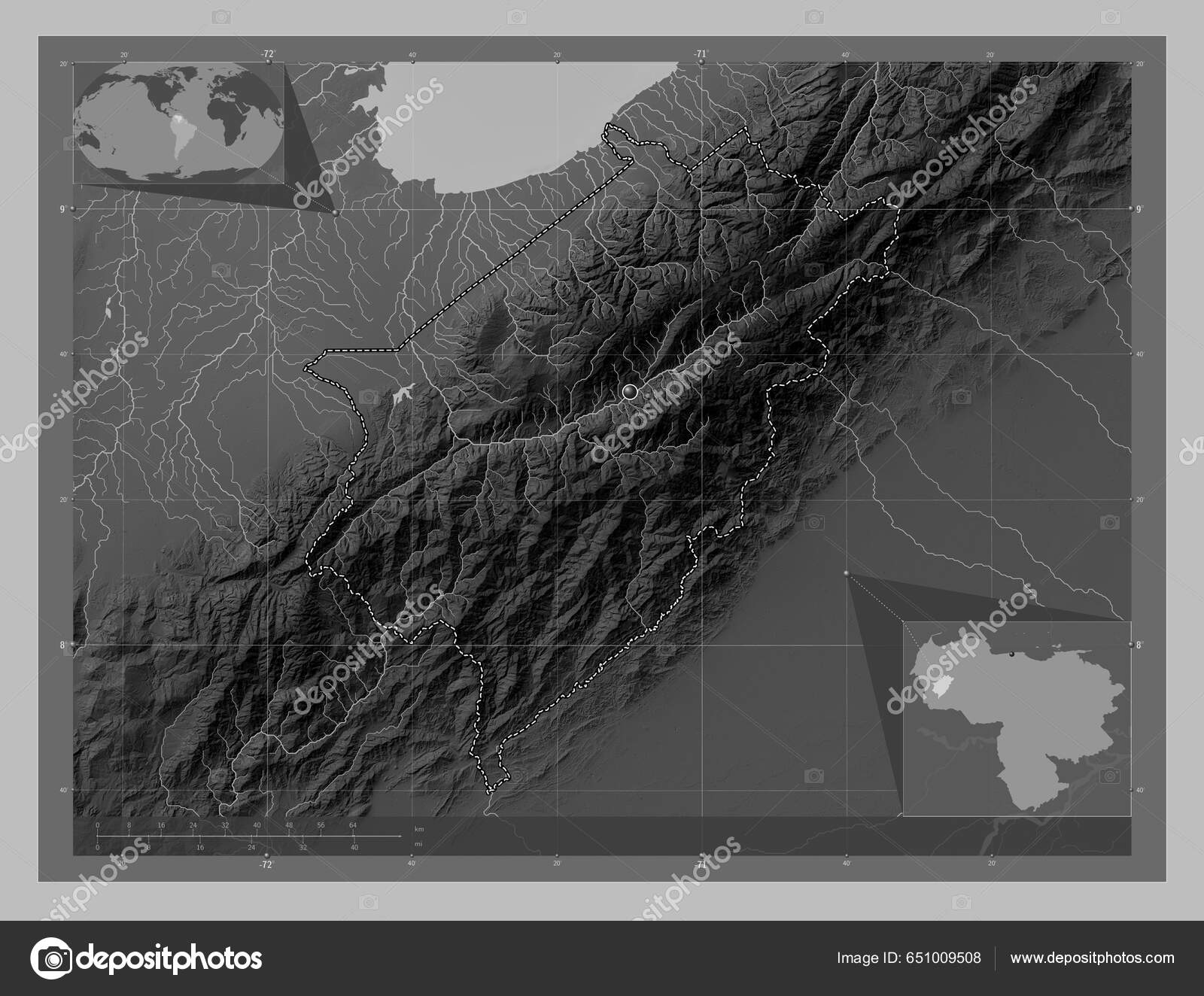 Merida State Venezuela Grayscale Elevation Map Lakes Rivers Corner ...