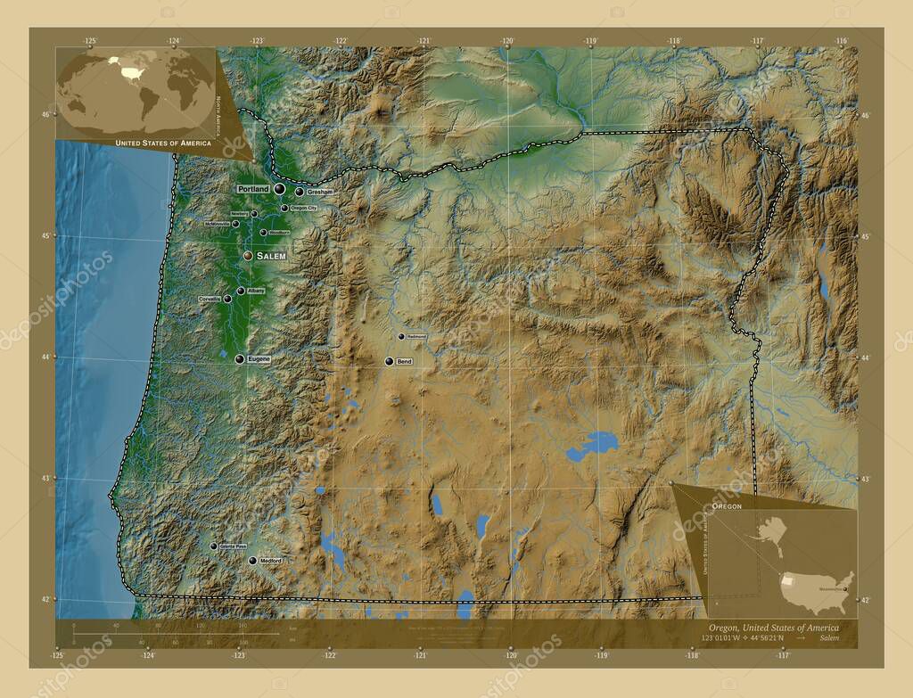 Oregon, estado de los Estados Unidos de América. Mapa de elevación de ...