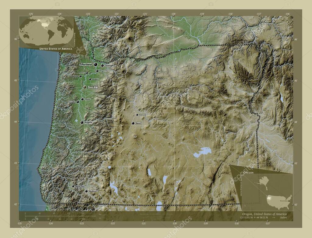 Oregon, estado de los Estados Unidos de América. Mapa de elevación ...