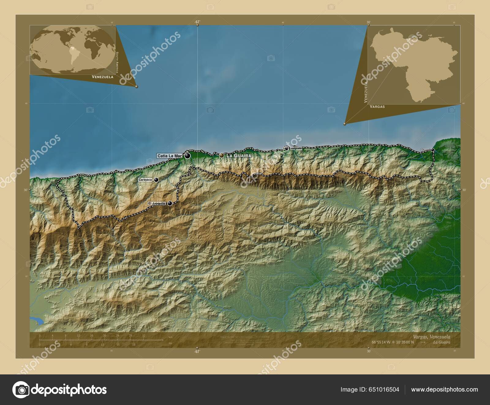 Vargas State Venezuela Colored Elevation Map Lakes Rivers Locations ...