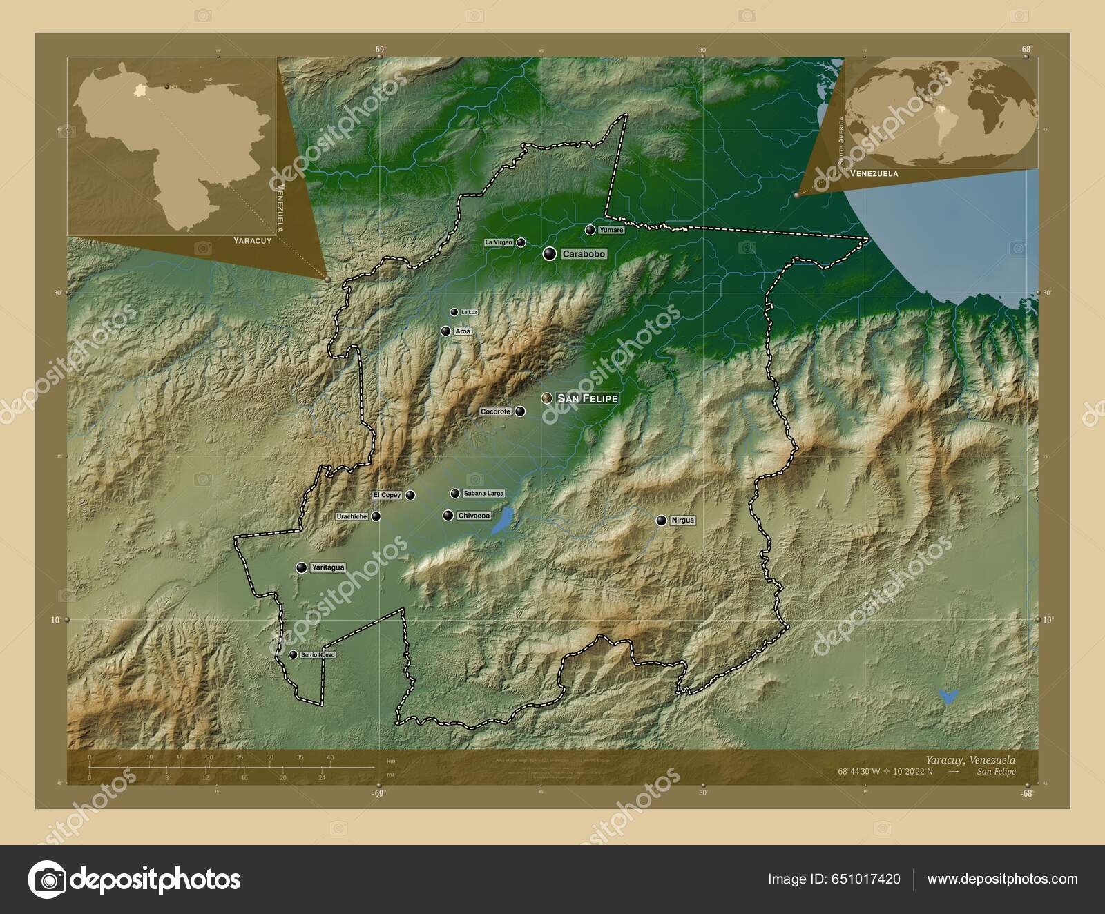 Yaracuy Estado Venezuela Mapa Elevación Colores Con Lagos Ríos ...