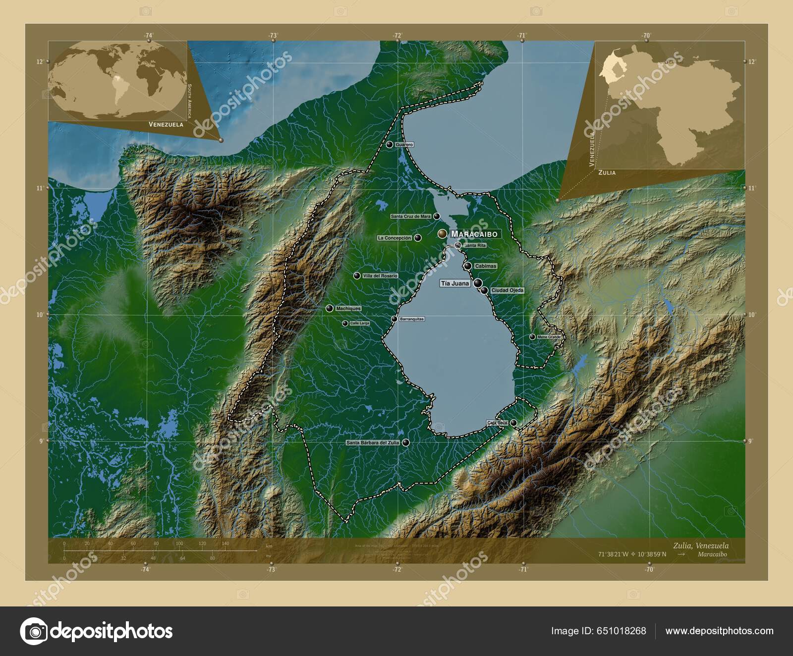 Zulia State Venezuela Colored Elevation Map Lakes Rivers Locations ...