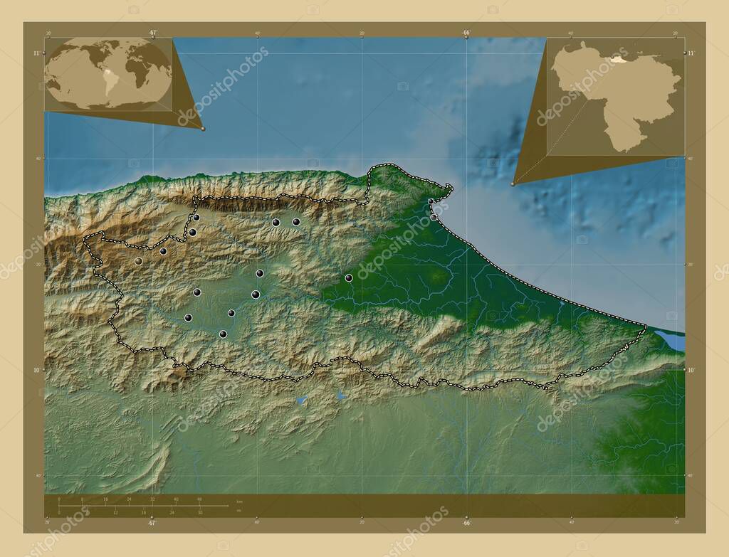 Miranda, estado de Venezuela. Mapa de elevación de colores con lagos y ...