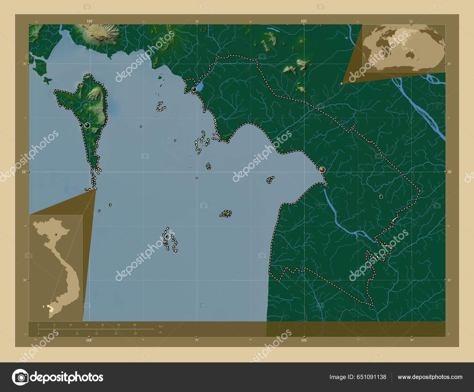 Kien Giang Province Vietnam Colored Elevation Map Lakes Rivers ...