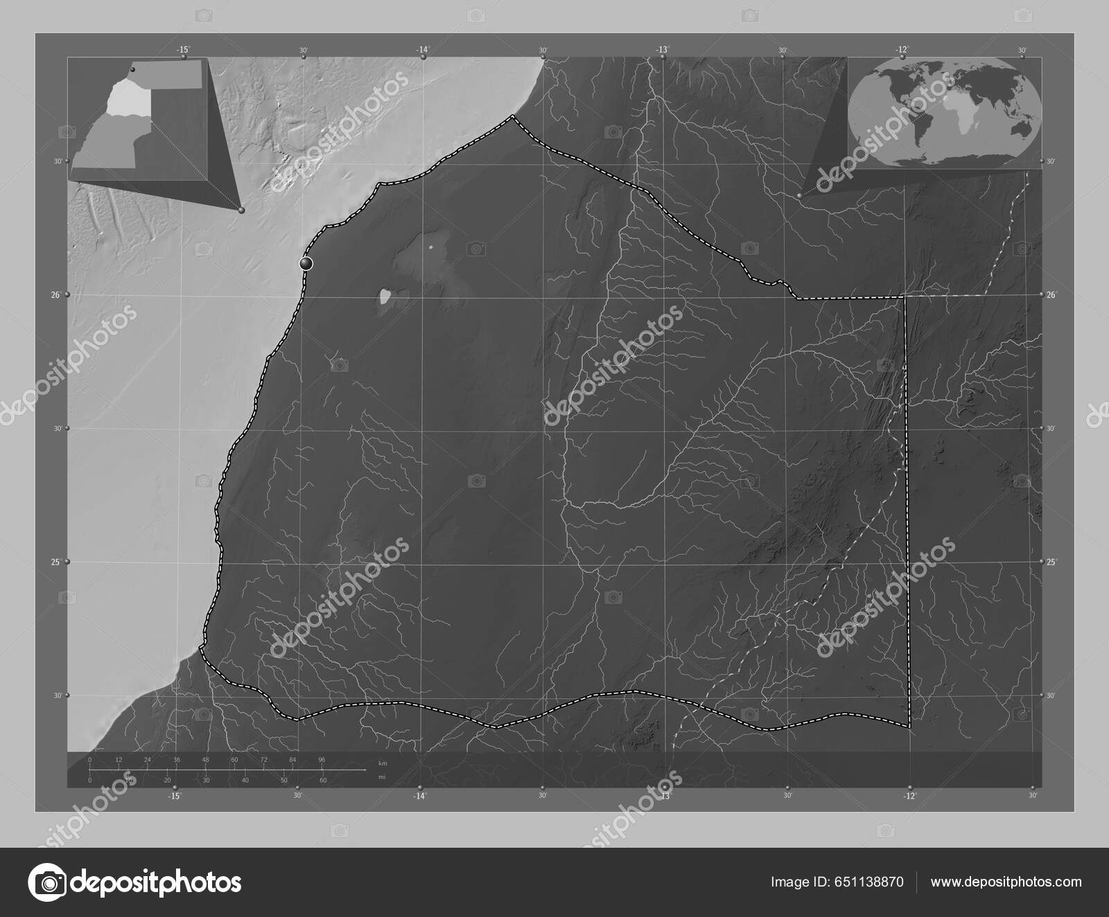 Boujdour Province Western Sahara Grayscale Elevation Map Lakes Rivers ...