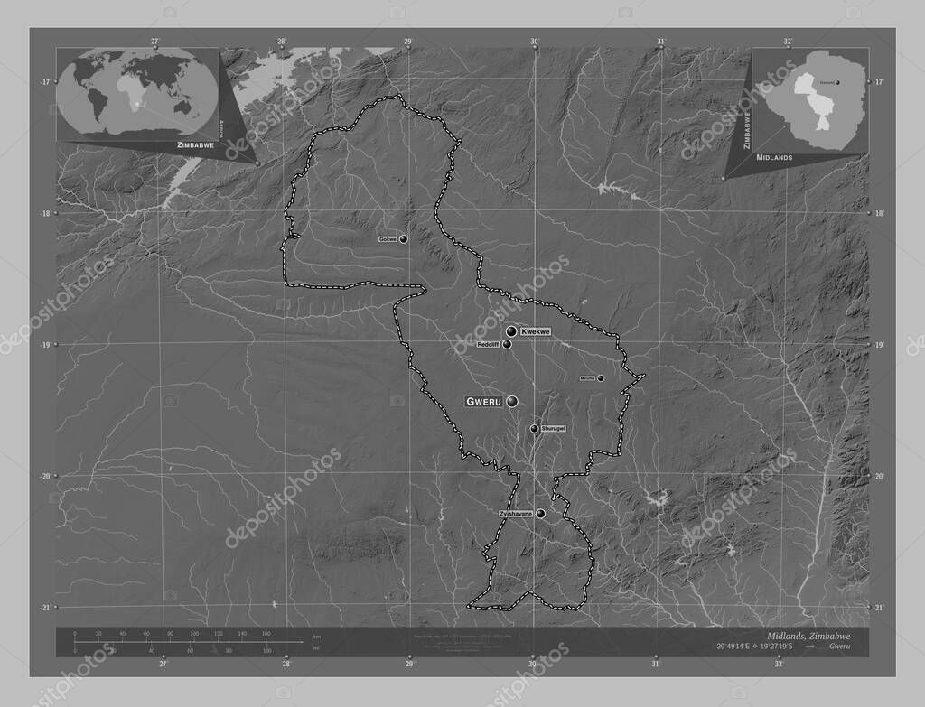 Midlands, province of Zimbabwe. Grayscale elevation map with lakes and ...
