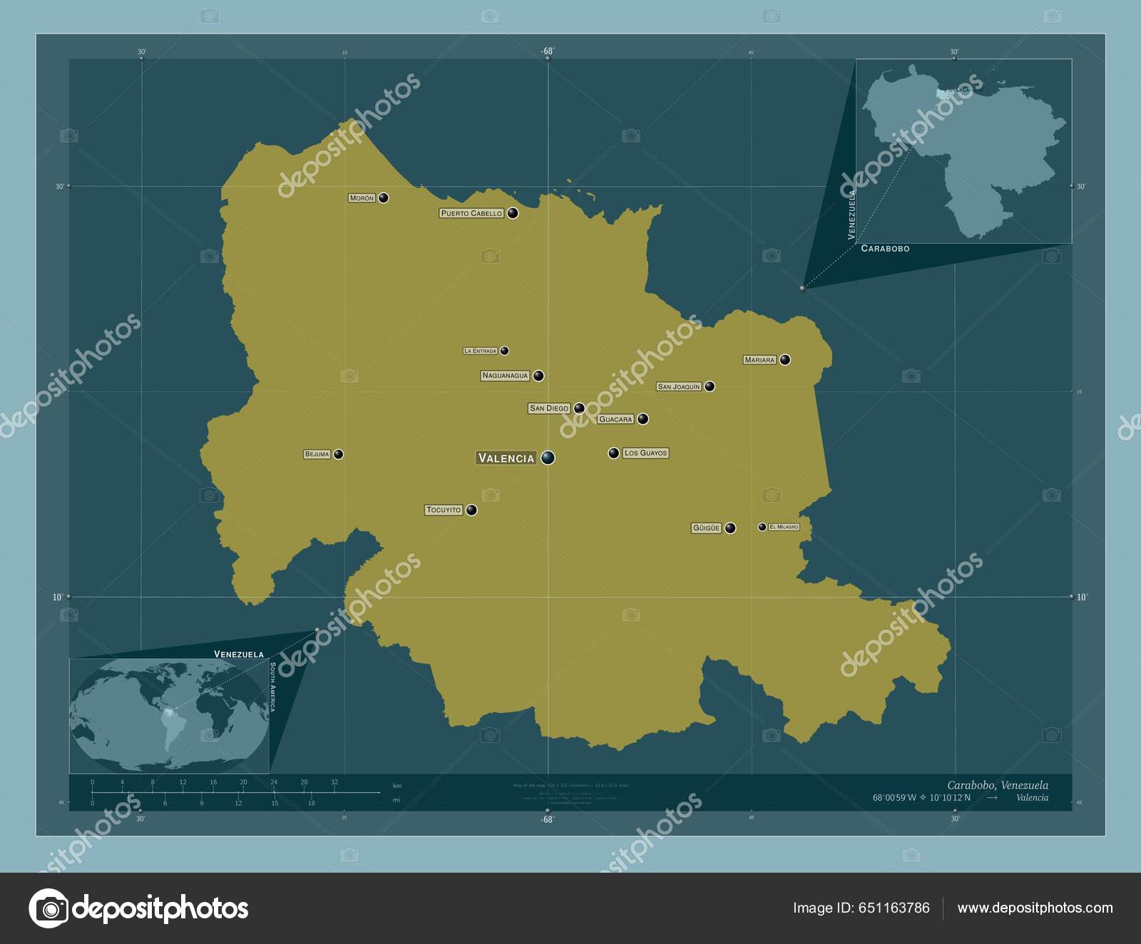 Carabobo State Venezuela Solid Color Shape Locations Names Major Cities ...