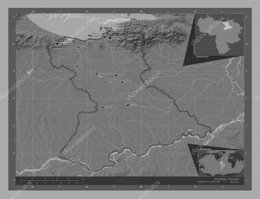 Anzoategui, estado de Venezuela. Mapa de elevación de Bilevel con lagos ...