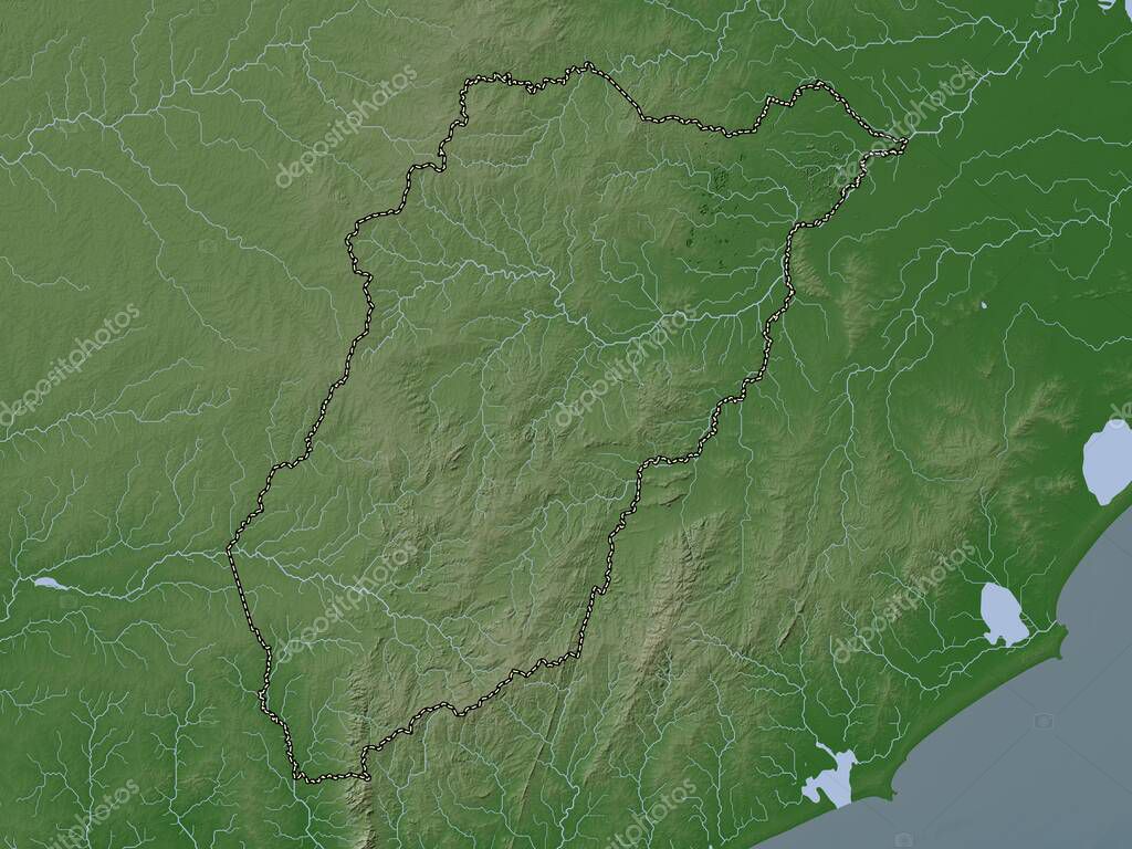 Lavalleja, departamento de Uruguay. Mapa de elevación coloreado en estilo wiki con lagos y ríos 2023