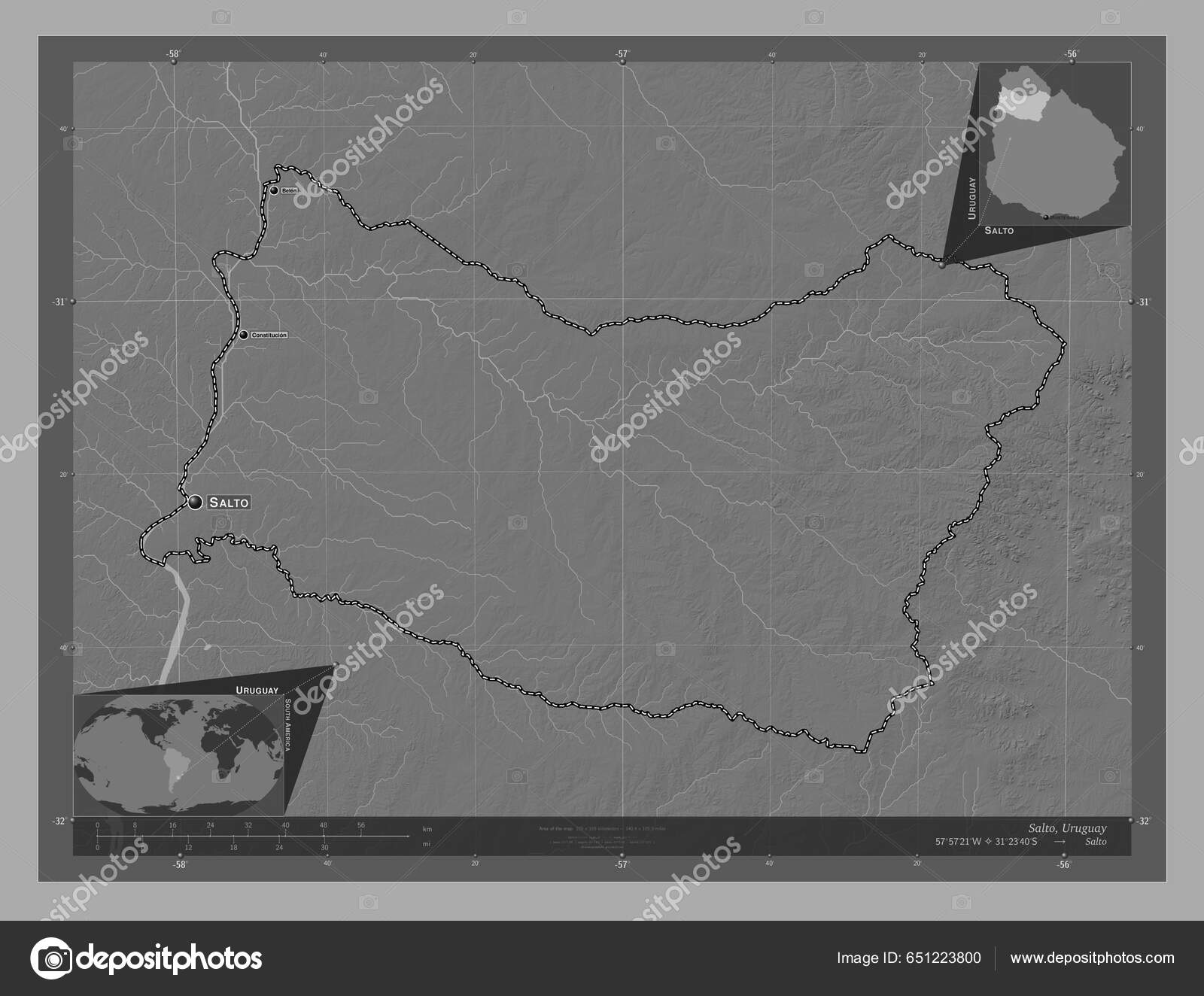 Salto Department Uruguay Bilevel Elevation Map Lakes Rivers Locations ...