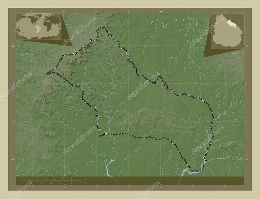 Rivera, departamento de Uruguay. Mapa de elevación coloreado en estilo ...