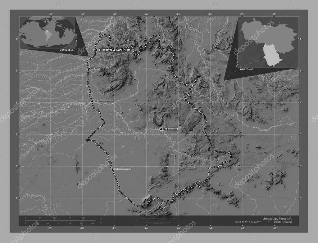 Amazonas, estado de Venezuela. Mapa de elevación de Bilevel con lagos y ...