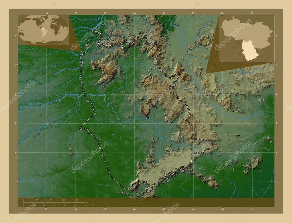 Amazonas, estado de Venezuela. Mapa de elevación de colores con lagos y ...