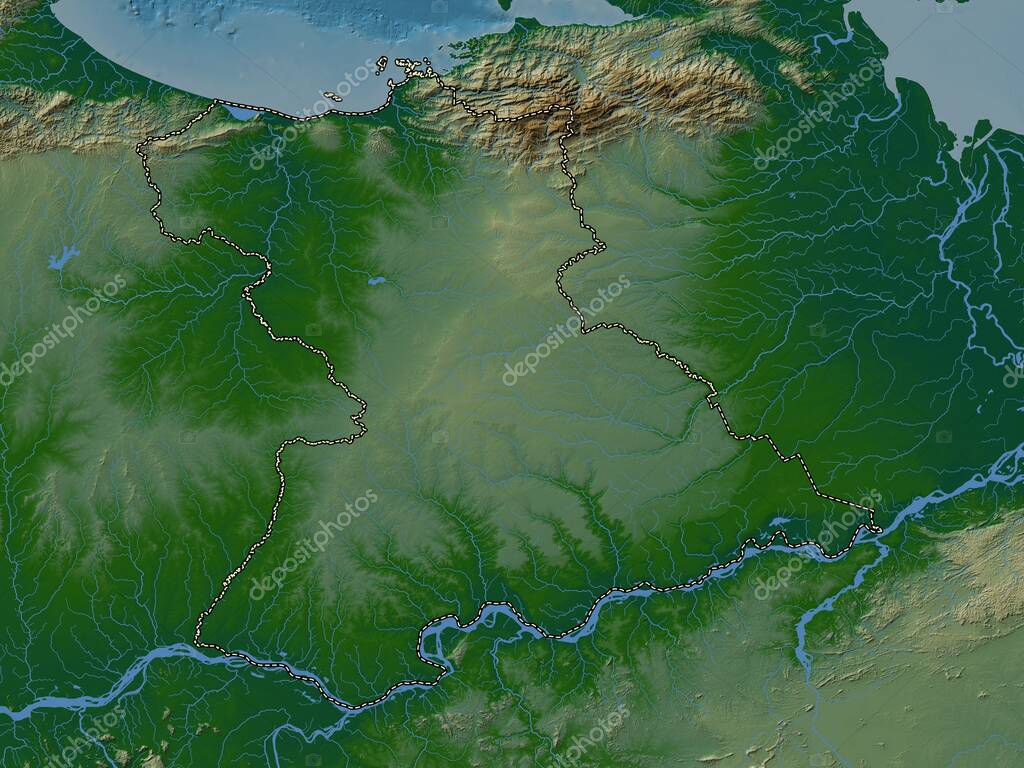 Anzoategui, estado de Venezuela. Mapa de elevación de colores con lagos ...