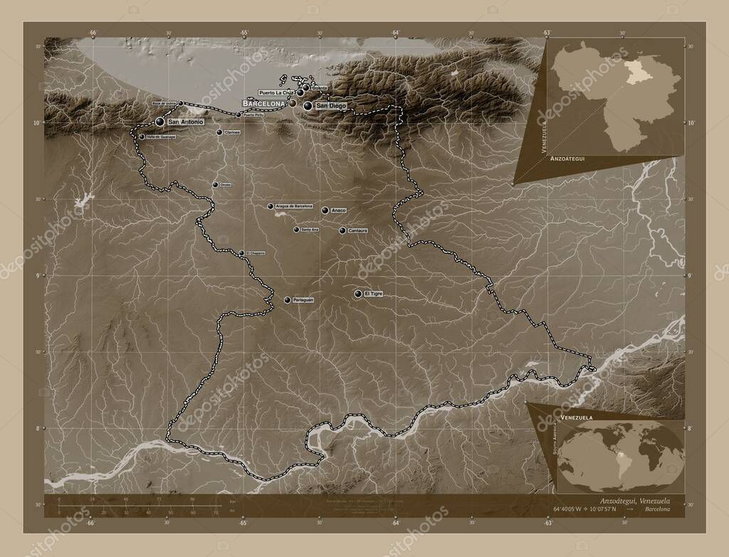 Anzoategui, estado de Venezuela. Mapa de elevación coloreado en tonos ...