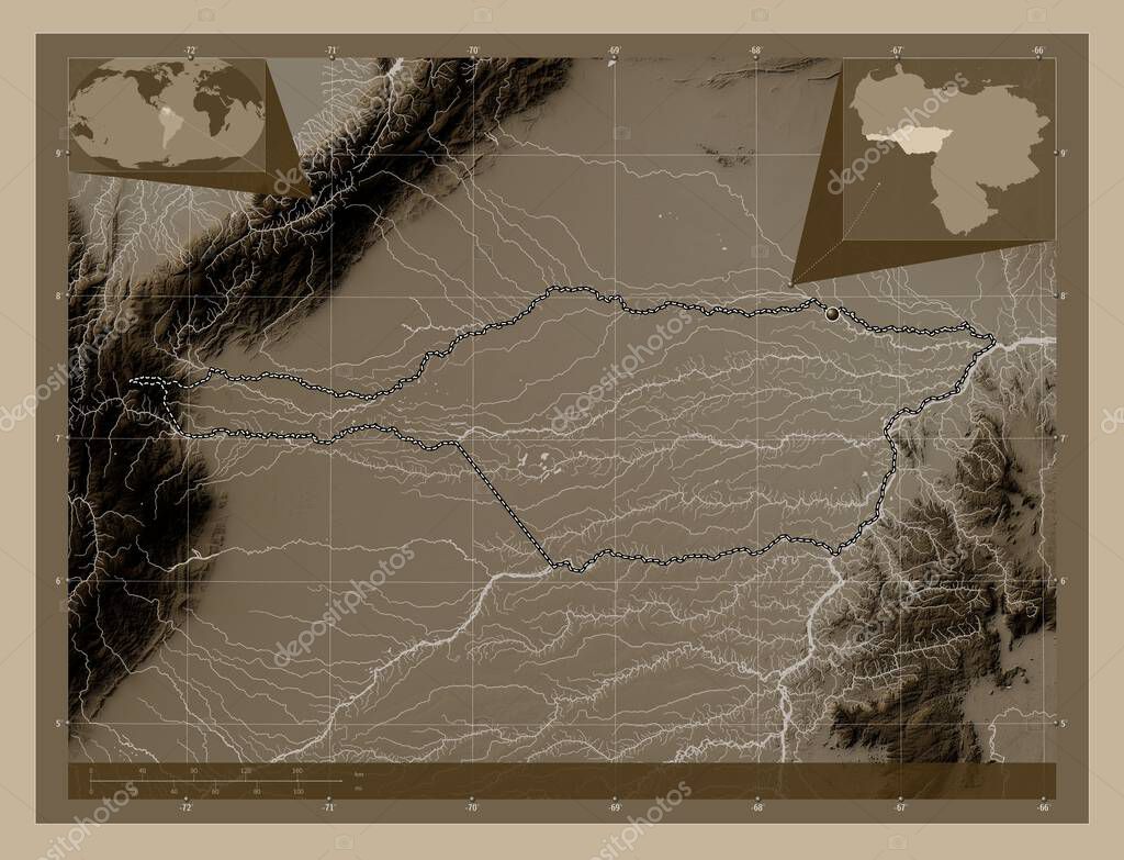 Apure, estado de Venezuela. Mapa de elevación coloreado en tonos sepia ...