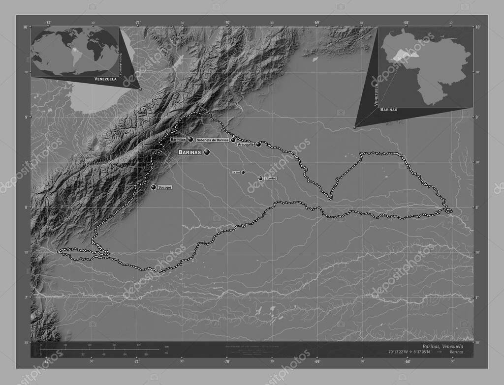 Barinas, estado de Venezuela. Mapa de elevación de Bilevel con lagos y ...