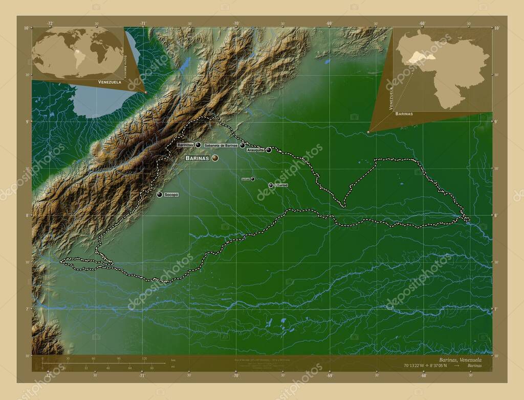 Barinas, estado de Venezuela. Mapa de elevación de colores con lagos y ...