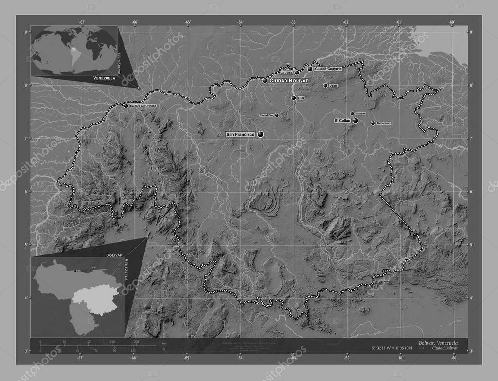 Bolívar, estado de Venezuela. Mapa de elevación de Bilevel con lagos y ...