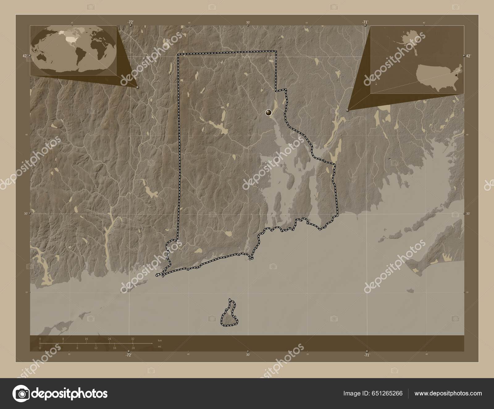 Rhode Island State United States America Elevation Map Colored Sepia ...