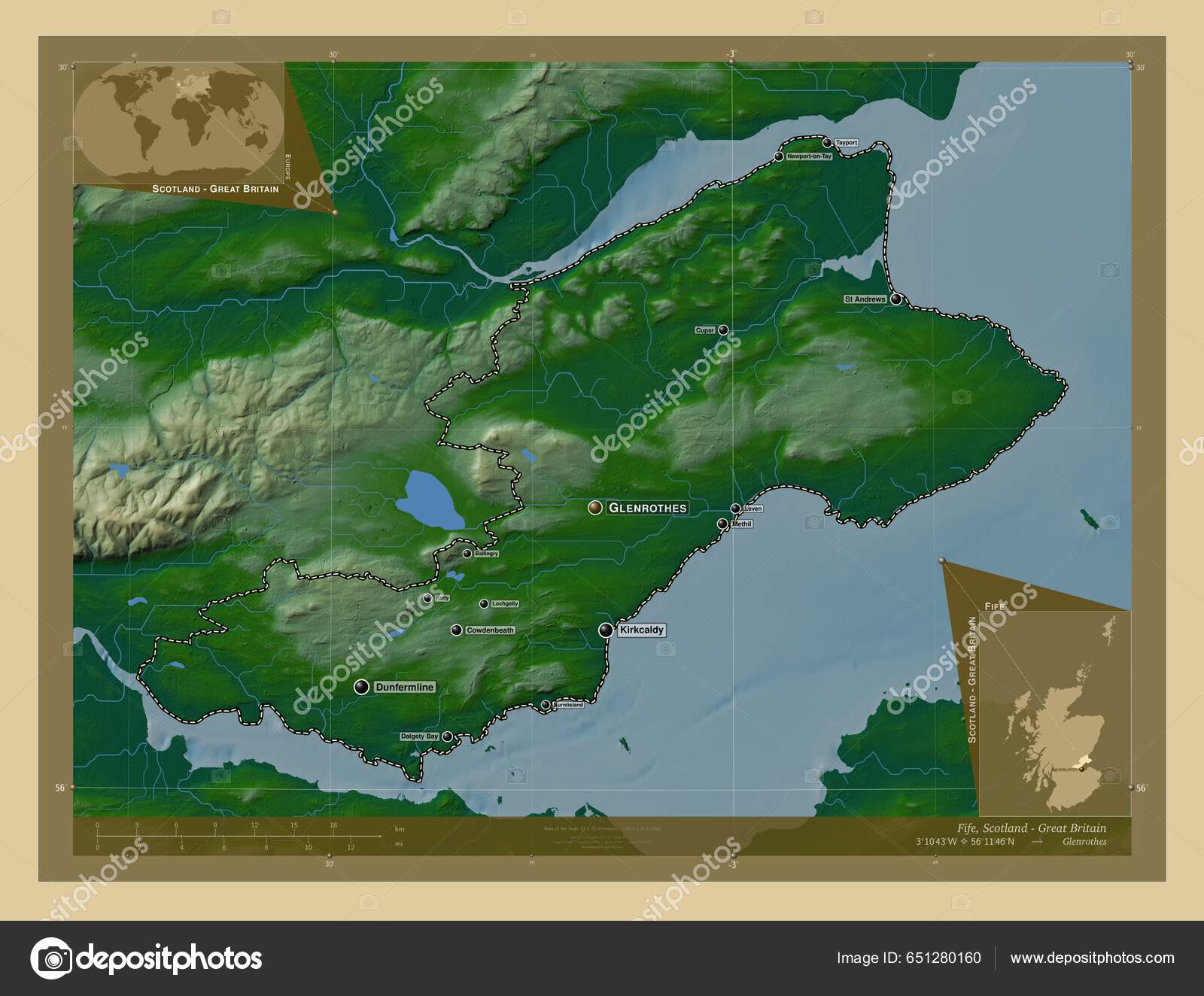Fife Region Scotland Great Britain Colored Elevation Map Lakes Rivers ...