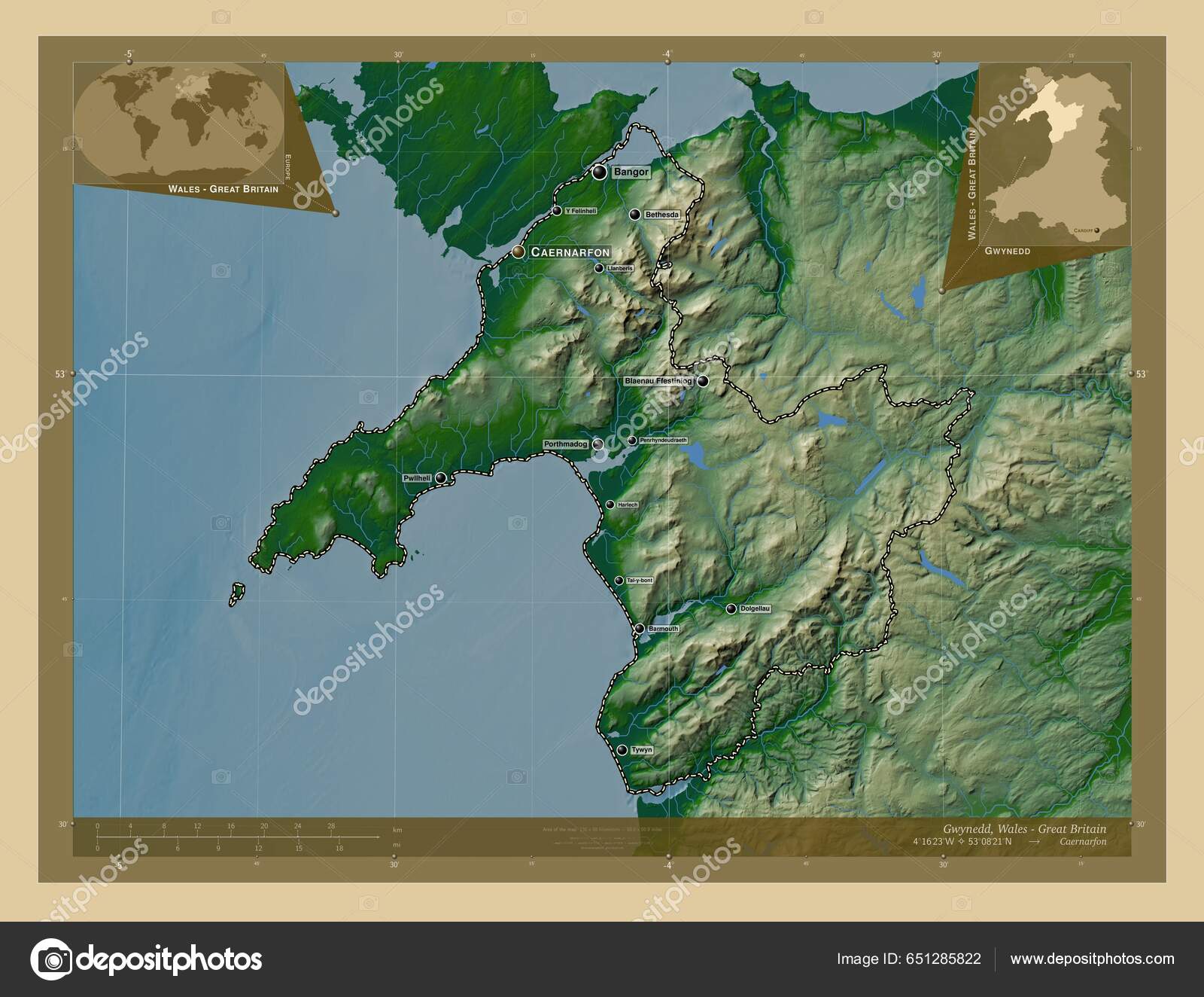 Gwynedd Region Wales Great Britain Colored Elevation Map Lakes Rivers ...