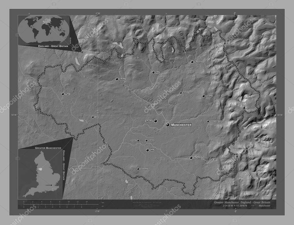 Gran Mánchester, región de Inglaterra Gran Bretaña. Mapa de elevación ...