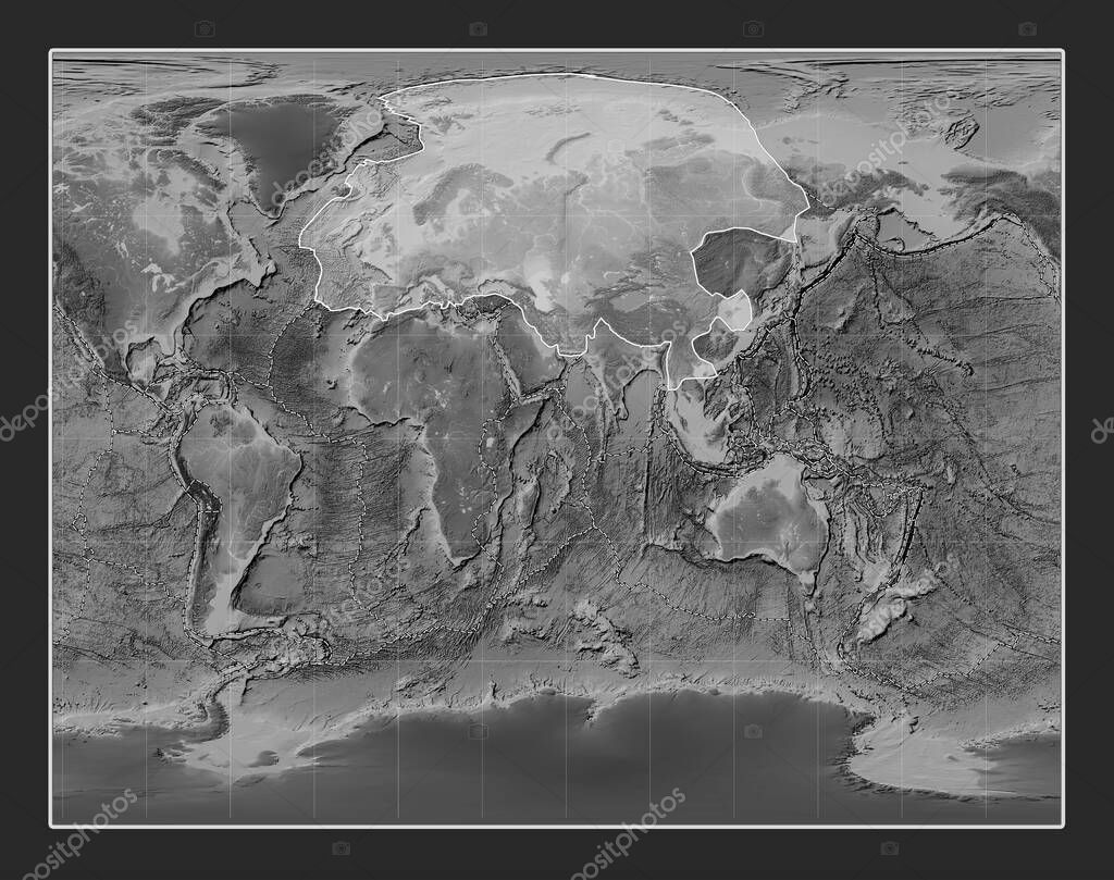 Placa tectónica eurasiática en el mapa de elevación a escala de grises ...