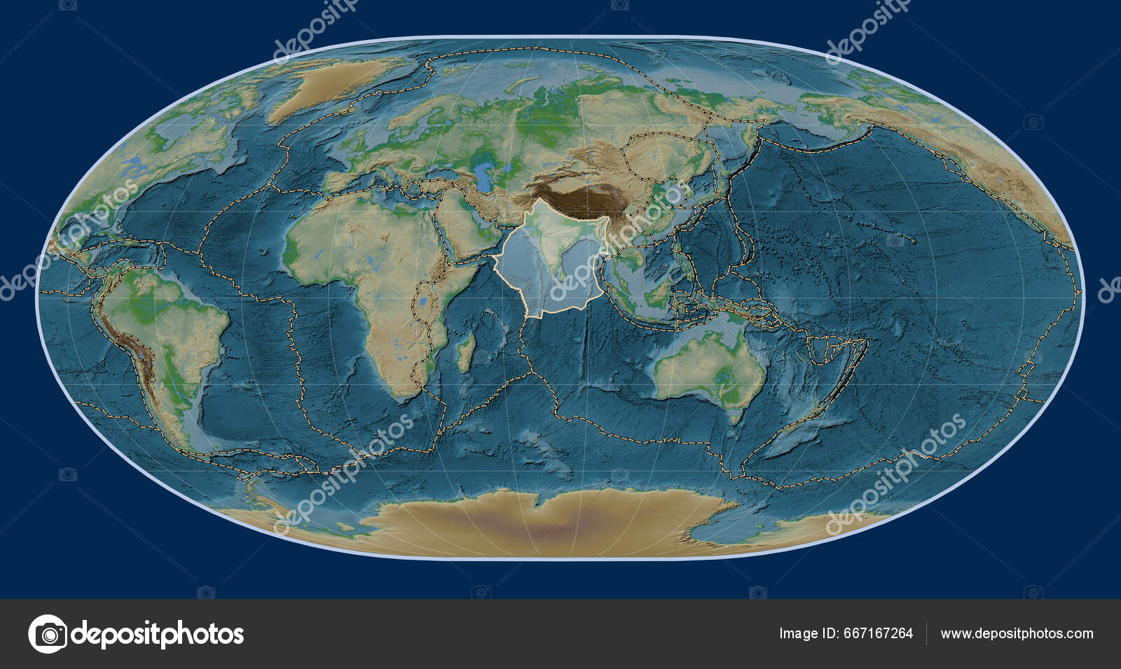 Indian Tectonic Plate Physical Elevation Map Loximuthal Projection ...