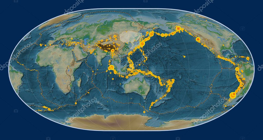 Placa tectónica de Amur en el mapa de elevación física en la proyección ...