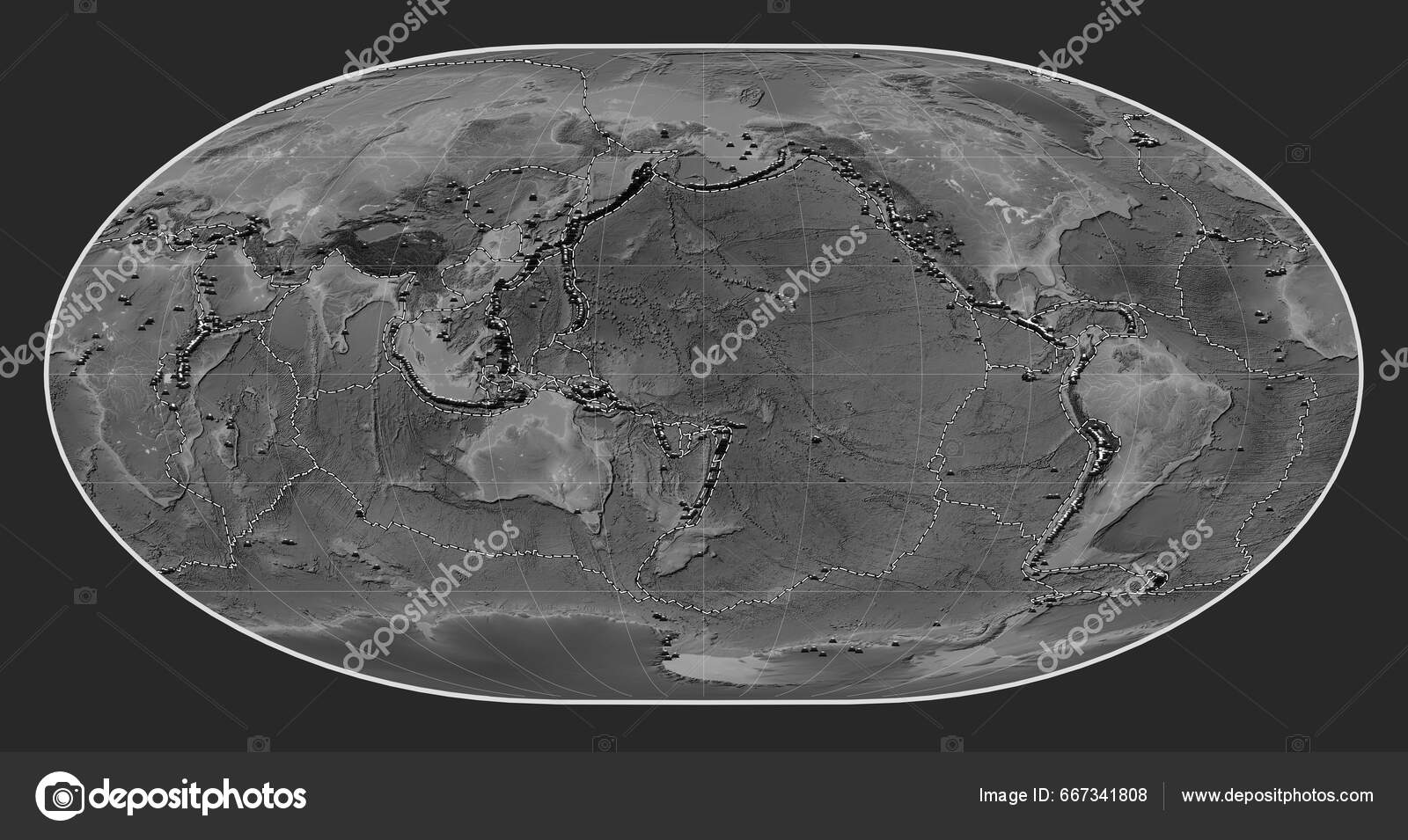 Distribution Known Volcanoes World Grayscale Elevation Map Loximuthal Projection Centered Stock ...