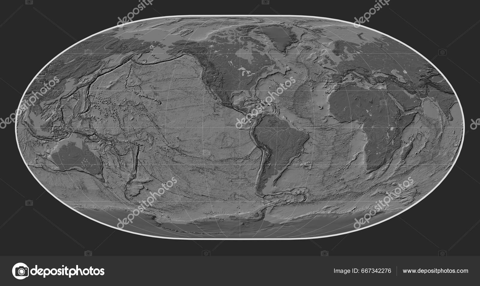World Bilevel Elevation Map Loximuthal Projection Centered 90Th ...