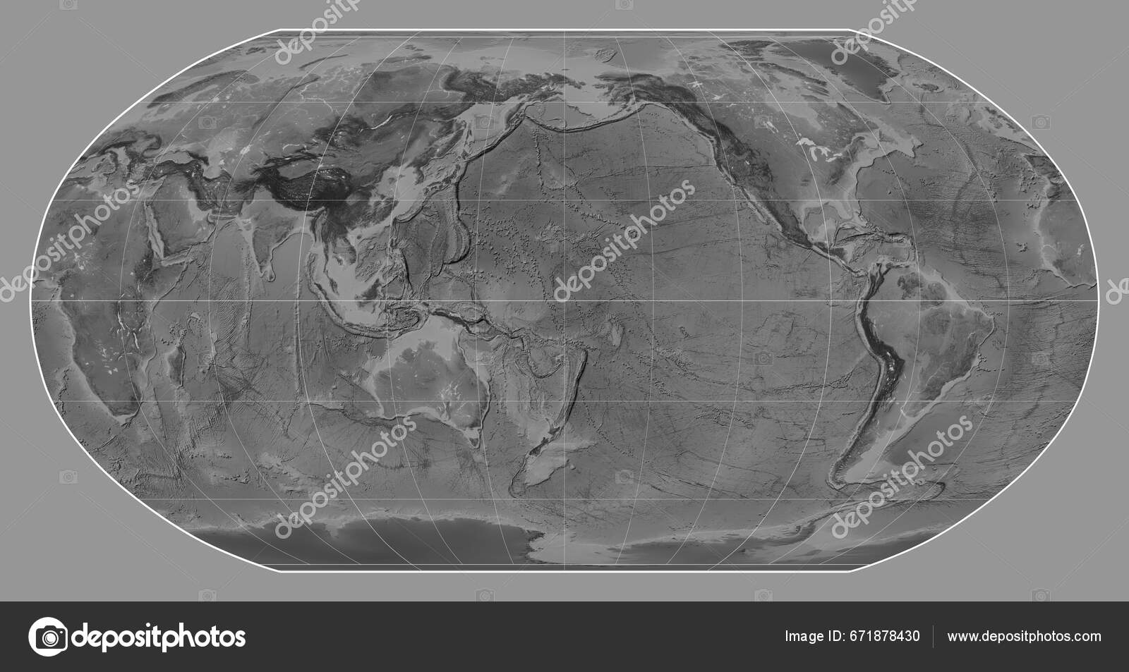 Grayscale Map World Robinson Projection Centered Meridian 180 Longitude ...