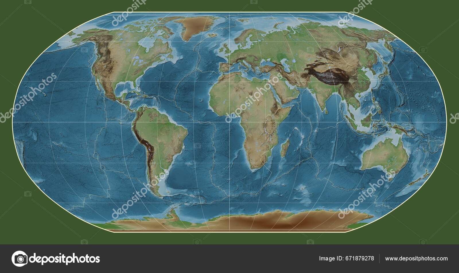 Tectonic Plate Boundaries Colored Elevation Map World Robinson ...
