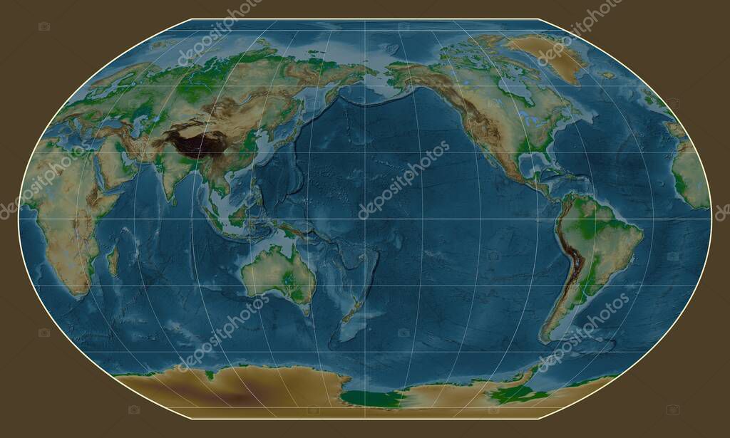 Mapa físico del mundo en la proyección de Kavrayskiy VII centrada en el ...