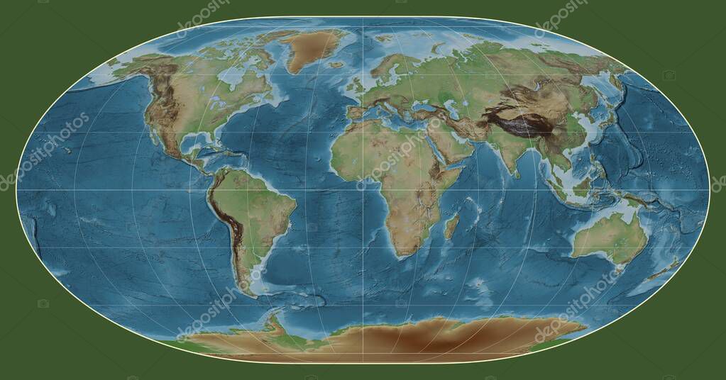 Mapa de elevación coloreada del mundo en la proyección Loximuthal ...