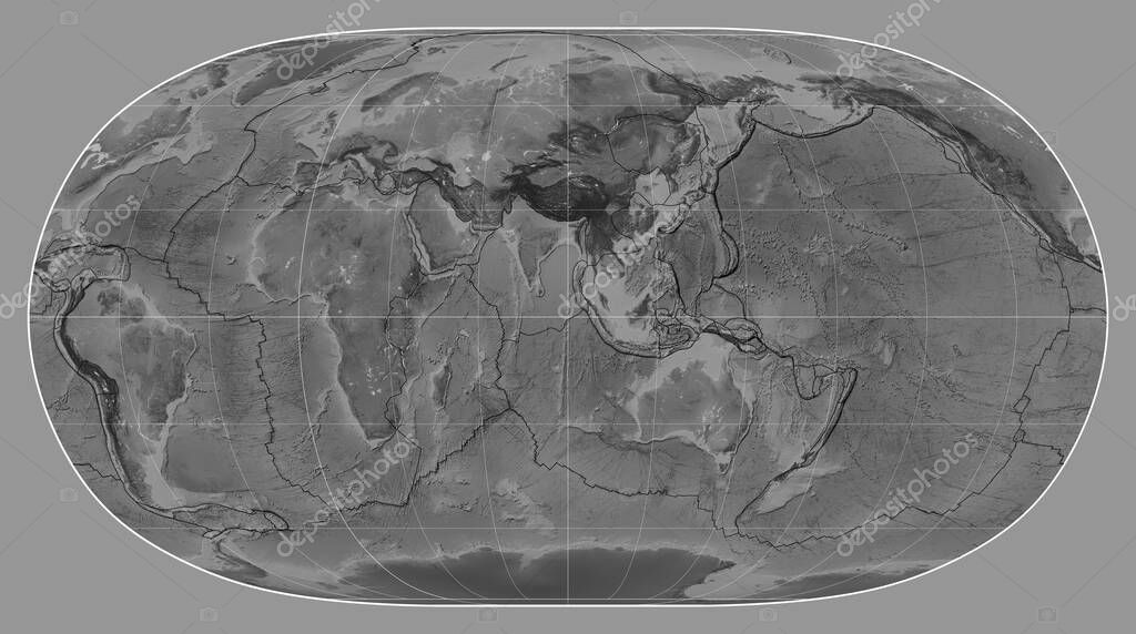 Límites de placas tectónicas en un mapa a escala de grises del mundo en ...