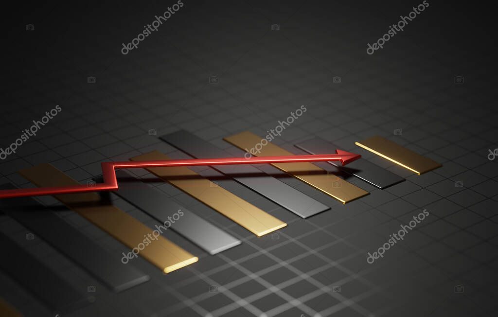 flecha descendente, gráfico de declive, fondo negro, 3d ilustración, 3d ...