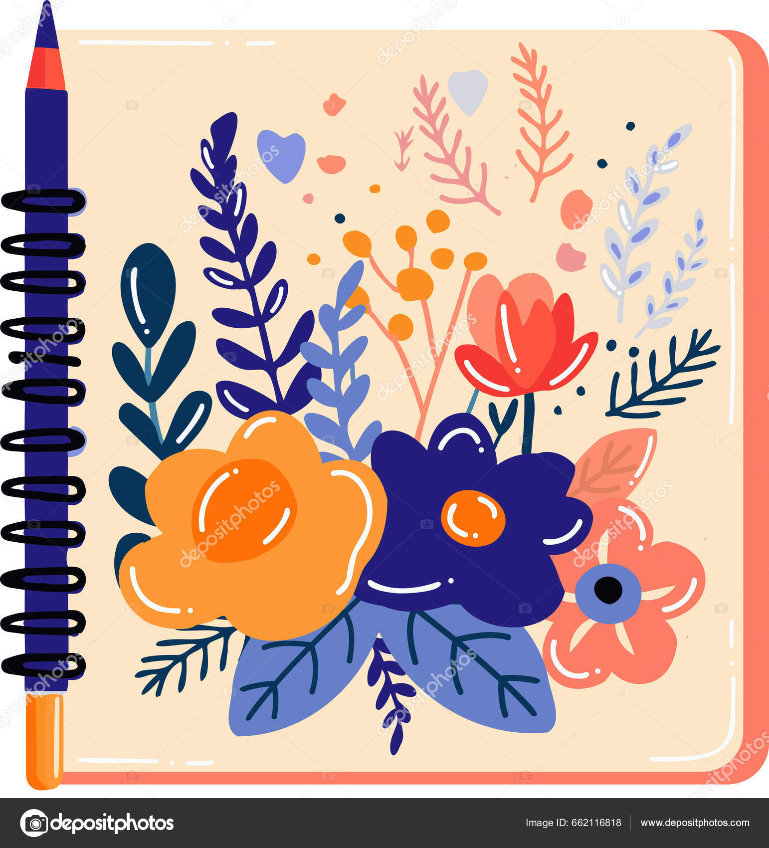Hand Drawn Notebook Flowers Flat Style Isolated Background Stock Vector ...