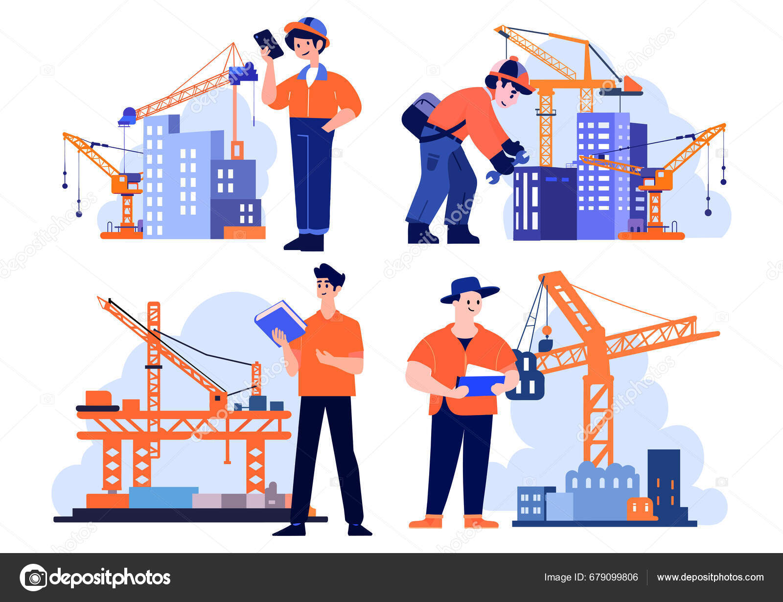 Hand Drawn Engineer Architect Building Construction Flat Style Isolated ...