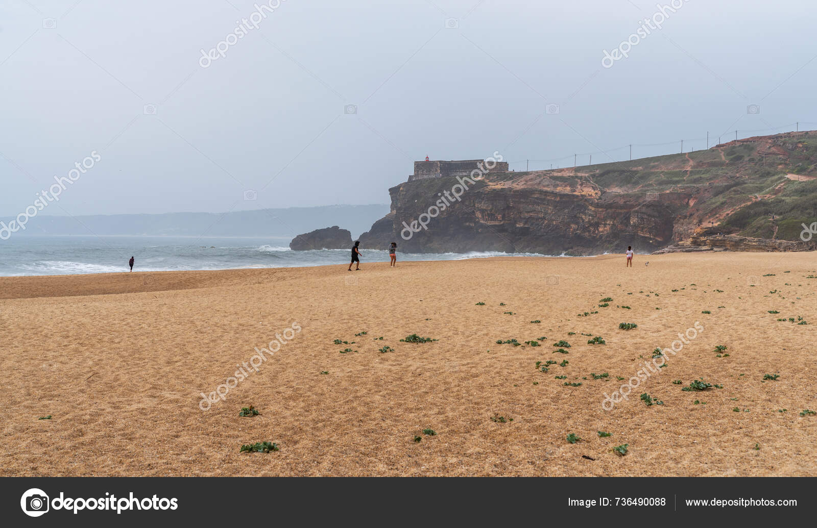 Misty Beach Scene Golden Sand Rugged Cliff Structure Top Figures ...