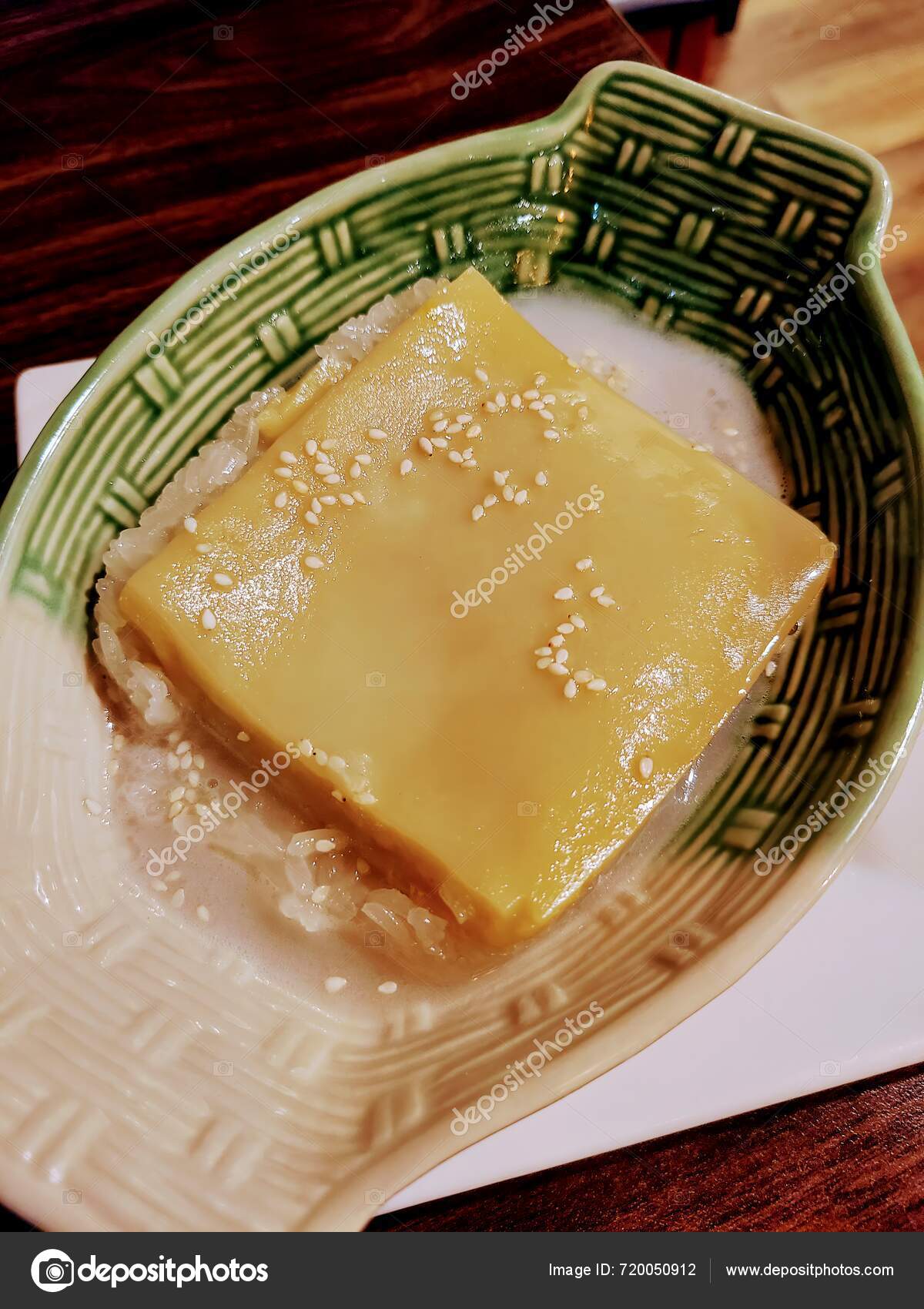 Exotic Mango Custard Sticky Rice Asian Dessert Textured Green Bowl ...