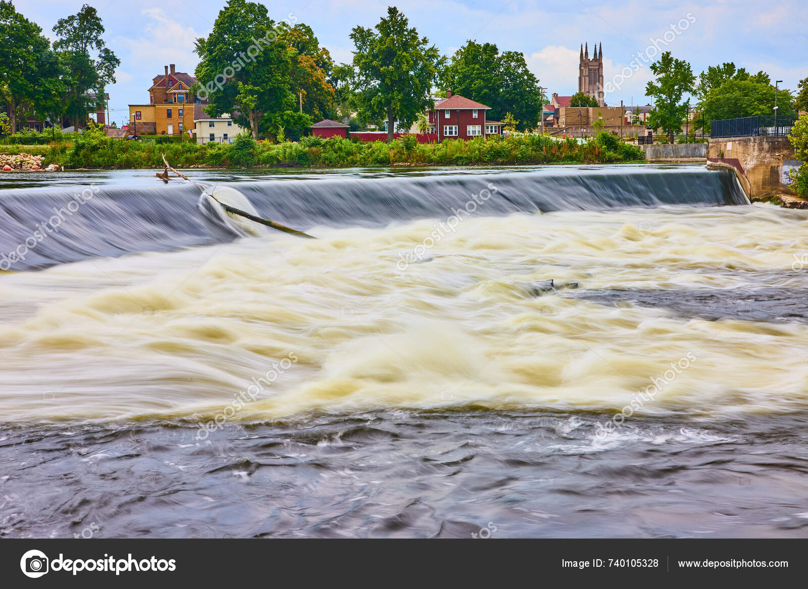Serene River Flowing Low Head Dam Mishawaka Indiana Picturesque Small ...