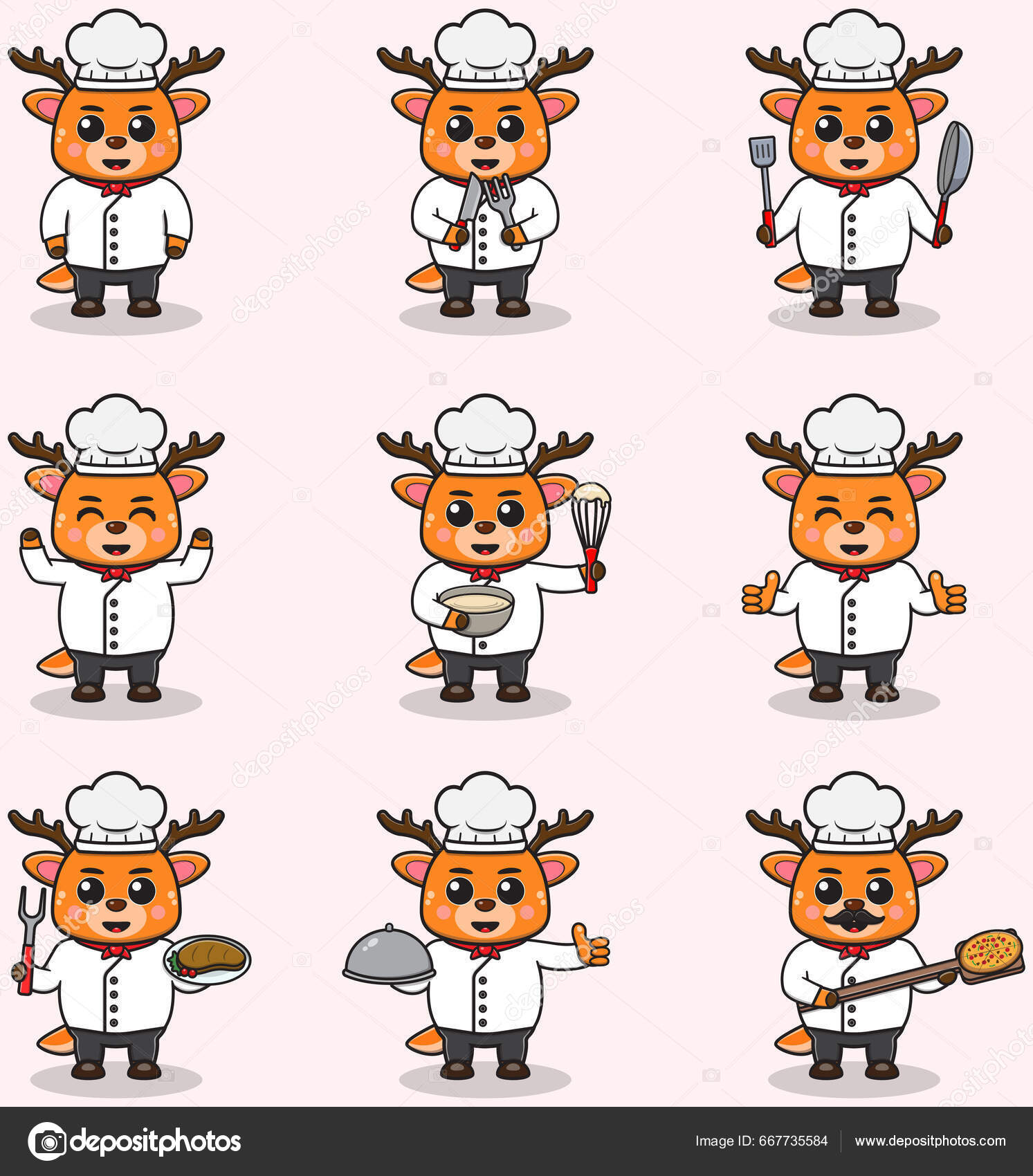 Vector Illustration Cute Deer Memakai Seragam Koki Gaya Kartun Datar ...