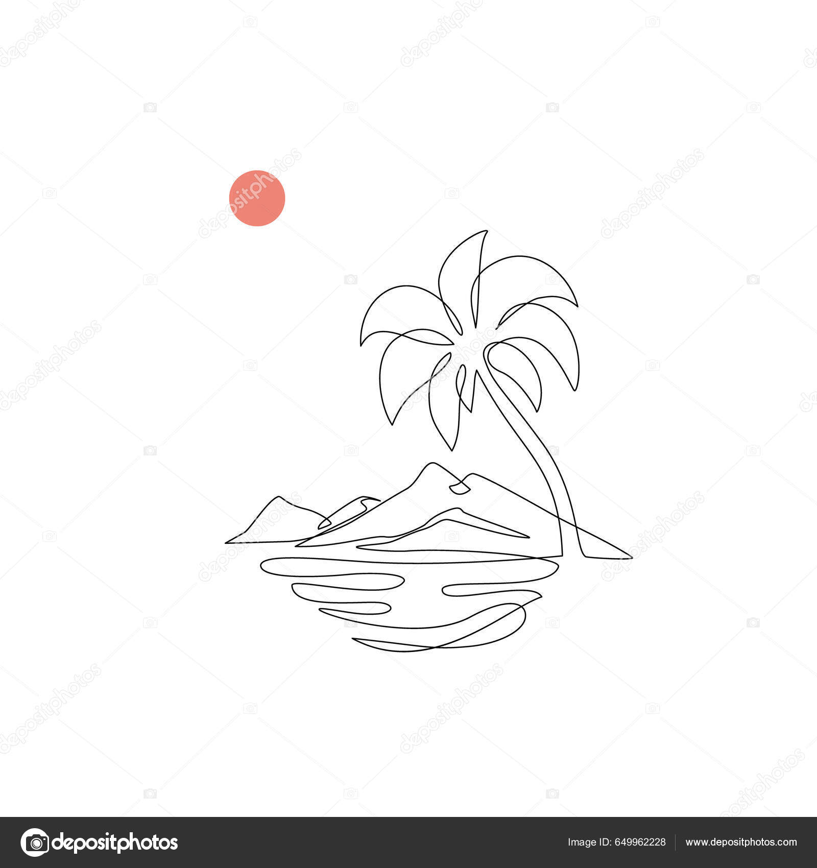 Dibujo Línea Isla Del Oasis Con Palmera Coco Puesta Sol Vector de stock ...